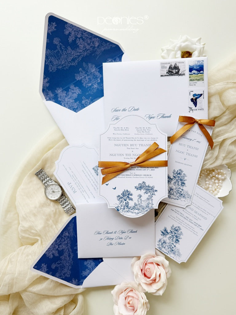 Elegant White Shaped Wedding Invitation with Ribbon P250503 – Peonies ...