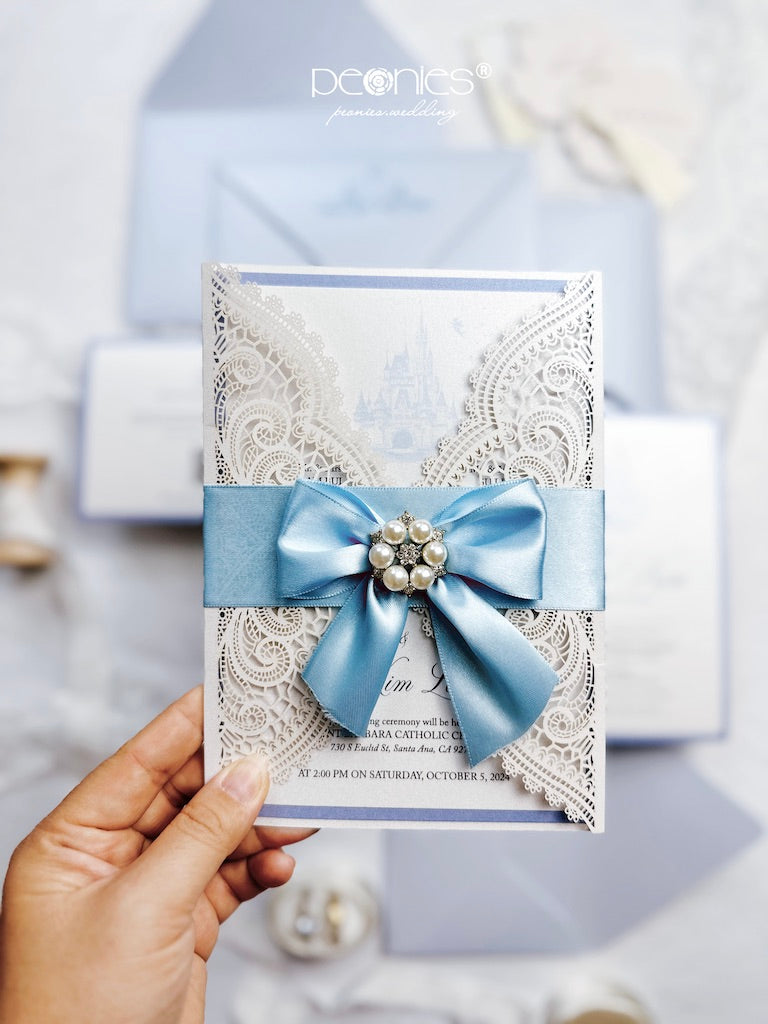 Luxurious and elegant light blue wedding invitation, with delicate las ...
