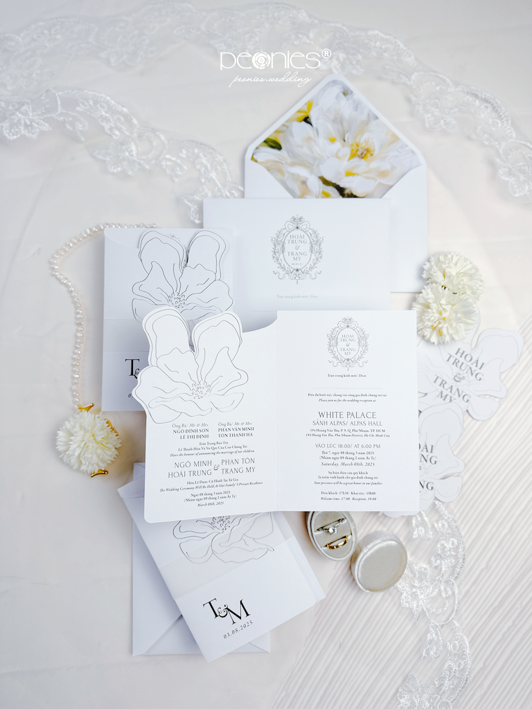 Minimalist white wedding invitation with die cut border, watercolor en ...