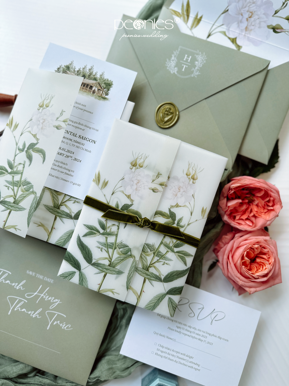 P24599 Classic Greenery Invitations – Peonies Wedding