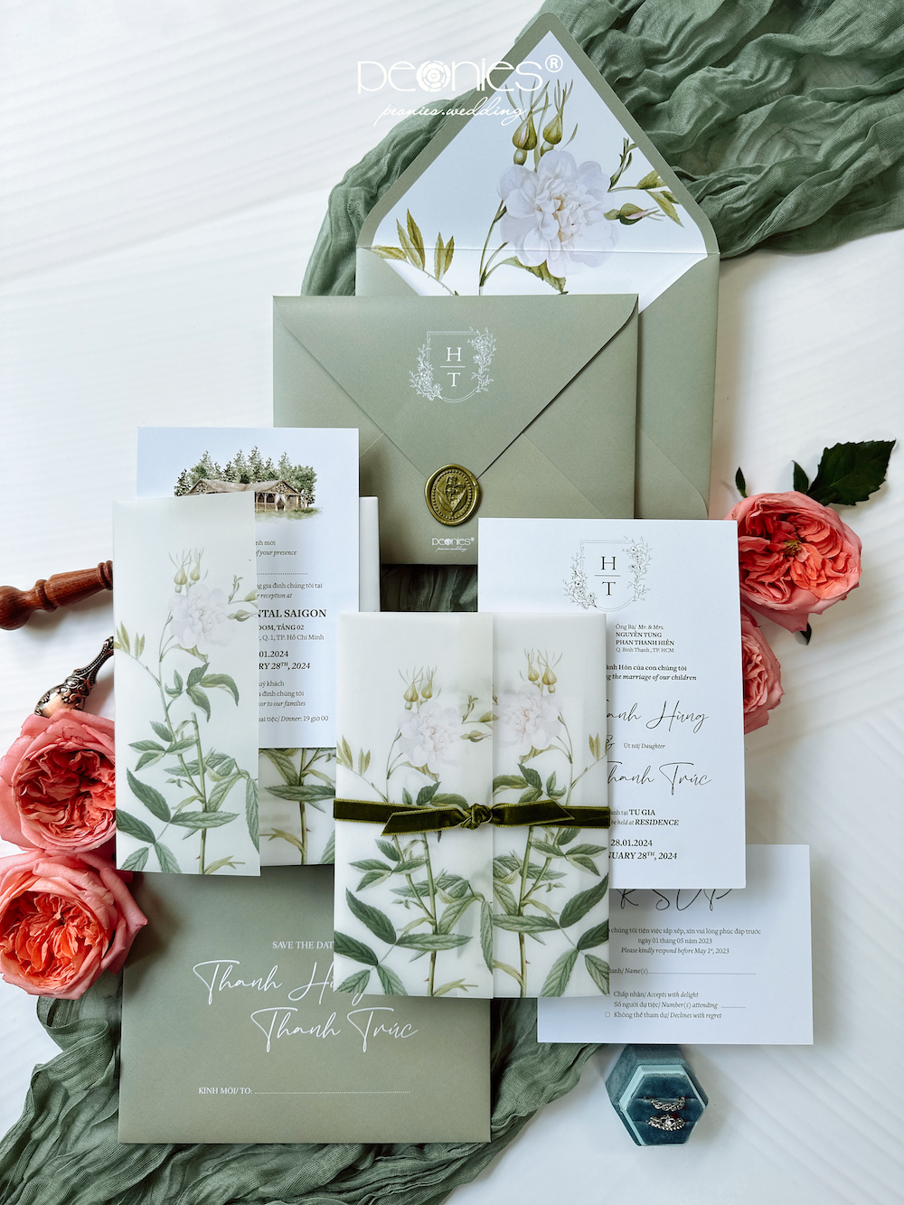 P24599 Classic Greenery Invitations – Peonies Wedding