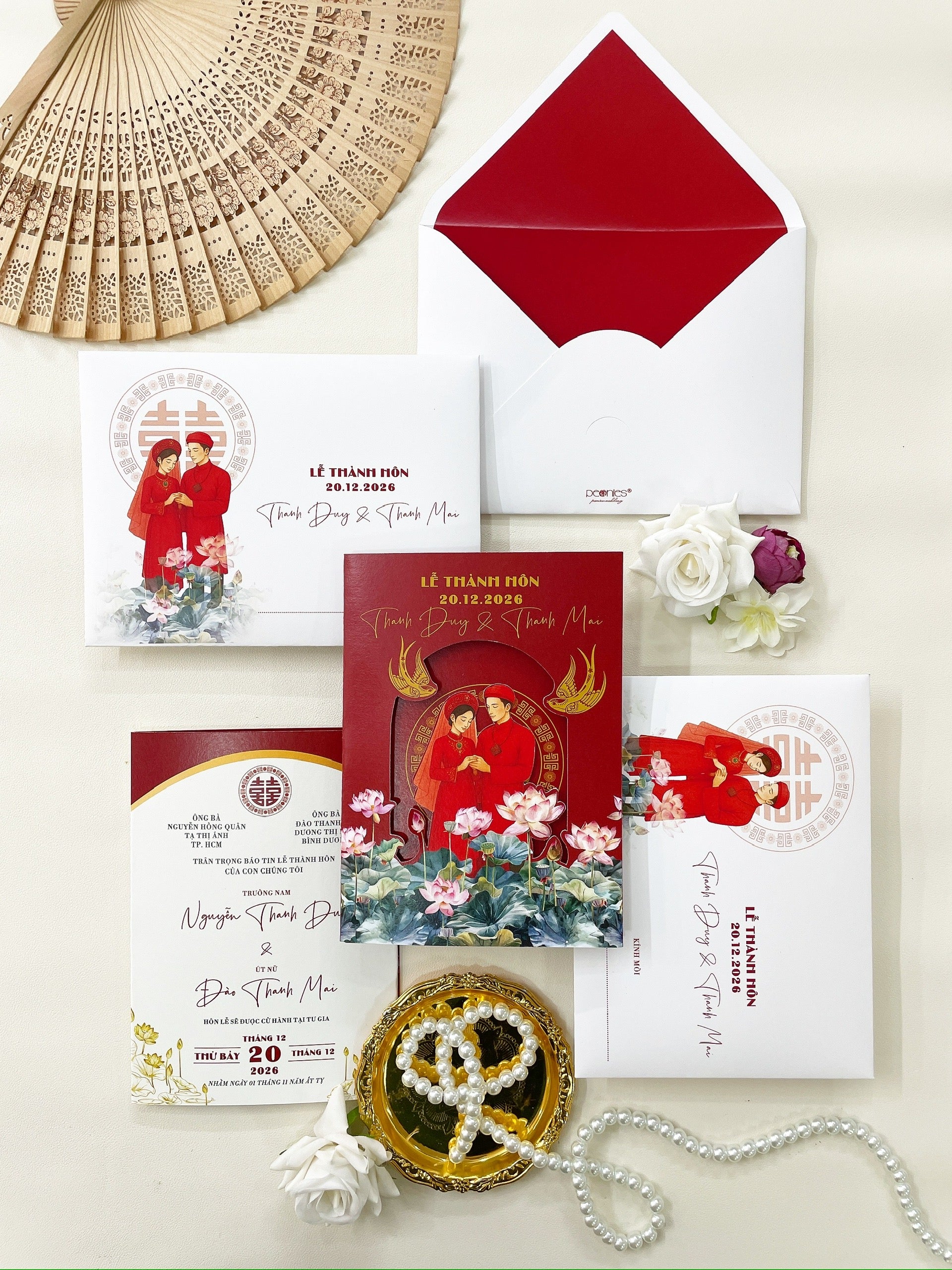 Traditional Tri fold Chibi Couple Red Wedding Invitation P250728 ...