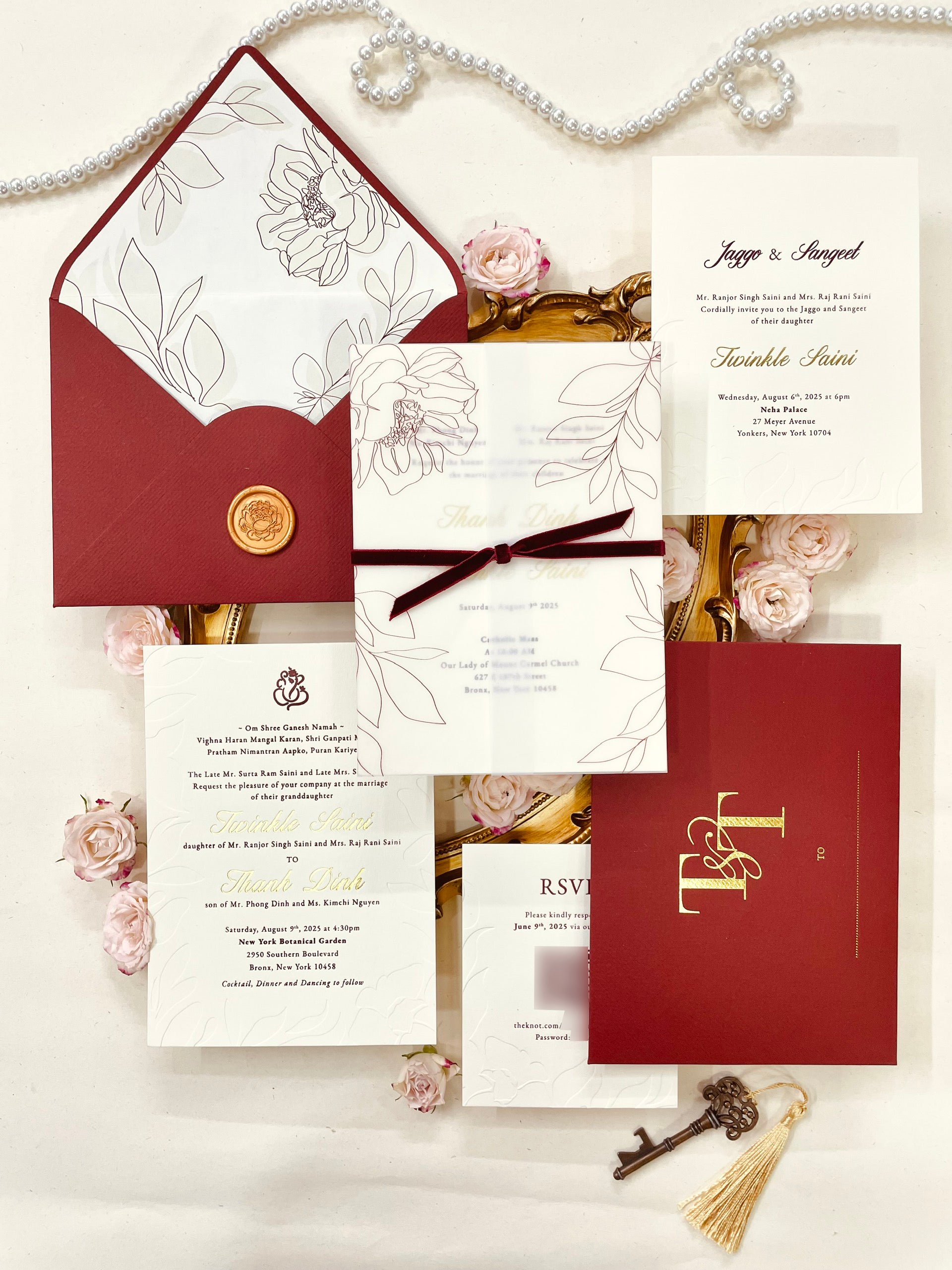 Luxury Deboss Floral Border Red Letterpress Wedding Invitation P251102 ...